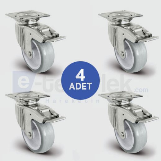 4 Adet EU01ZKC75F, Oynak Tablalı Frenli Mobilya Tekerleği, PVC Kaplı ...
